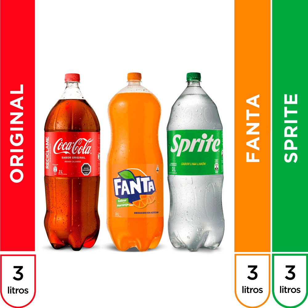 Tripack: coca cola original 3lts + fanta 3lts + sprite 3lts