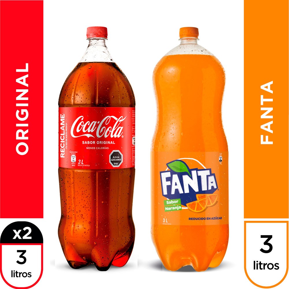 Tripack: 2 coca cola original 3 lts + fanta 3lts